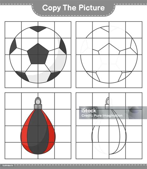 그림을 복사 그리드 라인을 사용하여 축구 공과 펀칭 가방의 사진을 복사합니다 교육 어린이 게임 인쇄 워크 시트 벡터 일러스트레이션 0명에 대한 스톡 벡터 아트 및 기타