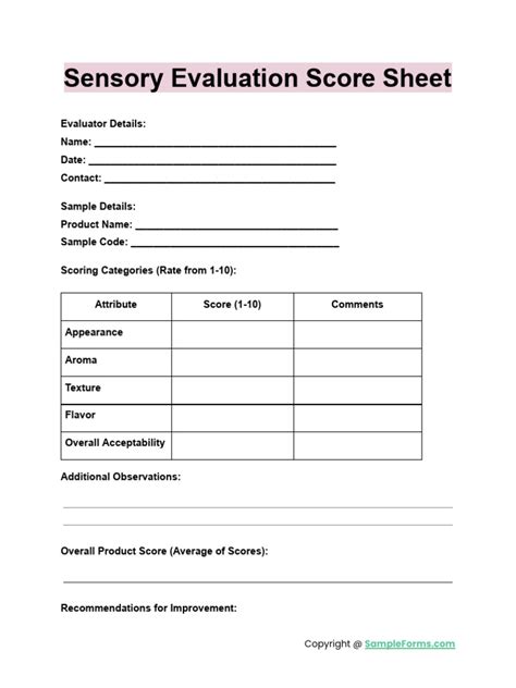 Sensory Evaluation Score Sheet Template Pdf