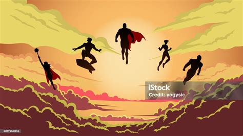 벡터 슈퍼 히어로 팀 실루엣 날다 위의 구름 스톡 일러스트 슈퍼히어로에 대한 스톡 벡터 아트 및 기타 이미지 슈퍼히어로 공중 벡터 Istock