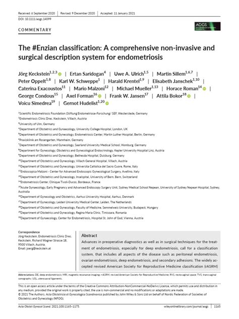 The Enzian Classification A Comprehensive Non‐invasive And Surgical Pdf Rectum Medical