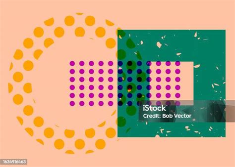 Risograph 인쇄 질감 스타일의 다채로운 기하학적 모양 트렌디한 리소 그래프 디자인의 오브제 간단한 기하 도형 요소 0명에