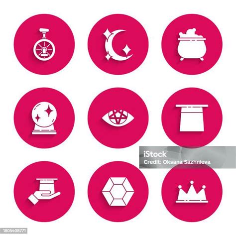 오각형 마법의 돌 왕관 마술사 모자 손에 공 마녀 가마솥 및 외발 자전거 또는 바퀴 자전거 아이콘을 설정합니다 벡터 가마솥에 대한 스톡 벡터 아트 및 기타 이미지 Istock