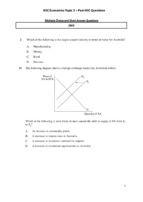Topic Past HSC Qs HSC Economics Topic Past HSC Questions Multiple Choice And Short
