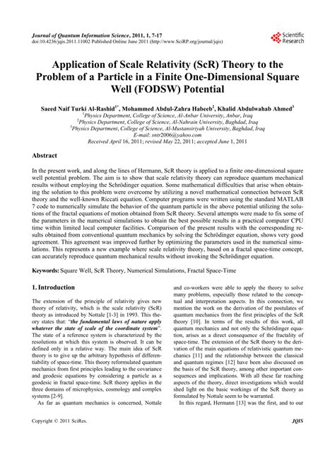 Pdf Application Of Scale Relativity Scr Theory To The Problem Of A