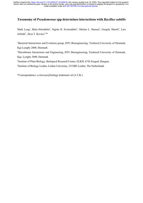 Pdf Taxonomy Of Pseudomonas Spp Determines Interactions With Bacillus Subtilis