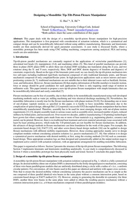 Pdf Designing A Monolithic Tip Tilt Piston Flexure Manipulator