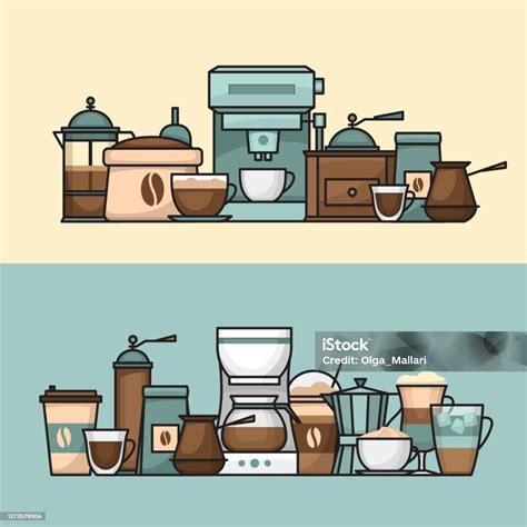 커피 배너 컵 과 커피 양조 방법 커피 메이커와 커피 머신 주전자 프렌치 프레스 모카 냄비 세즈브 플랫 스타일 벡터