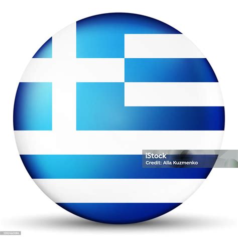 그리스의 국기와 유리 빛 공 둥근 구 템플릿 아이콘 그리스 국가 상징 흰색 배경에 강조 표시된 광택 사실적 공 3d 추상 벡터 일러스트레이션 큰 거품 3차원 형태에 대한