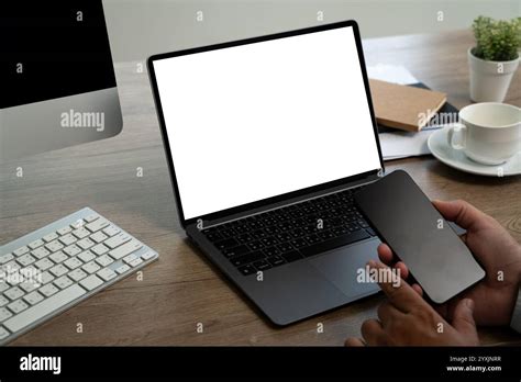 Mock Up Using Laptop With Blank Screen Computer Modern Stock Photo Alamy