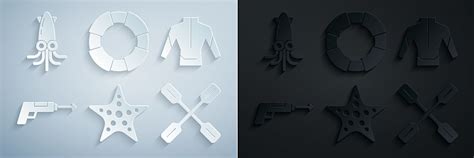 설정 불가사리 잠수복 낚시 작살 패들 구명 부표와 문어 아이콘 벡터 3차원 형태에 대한 스톡 벡터 아트 및 기타 이미지 3