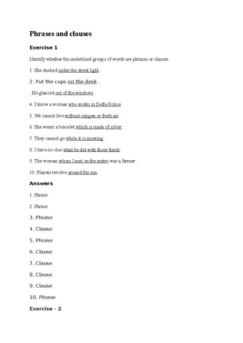 Phrases And Clauses Phrases And Clauses Exercise 1 Identify Whether Phrases And Clauses Phrases And Clauses Exercise 1 Identify Whether