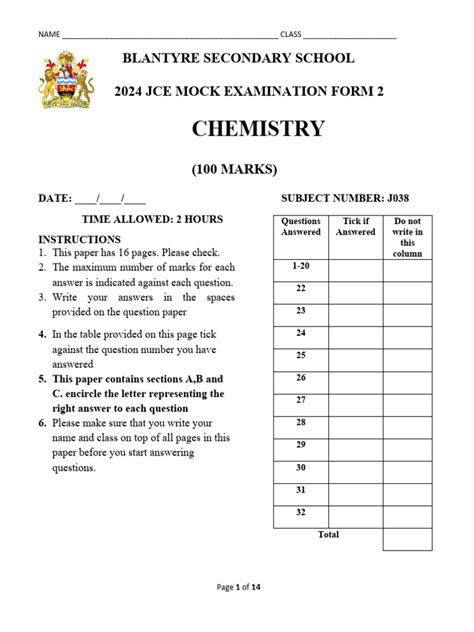 Chemistry Jce Mock 2024 Pdf Chemical Elements Chlorine
