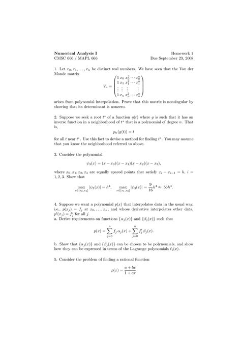 Assignment 1 Numerical Analysis I Cmsc 666 Docsity