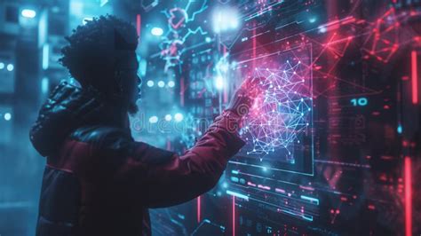 A Hacker Interacts With A Vibrant Digital Interface Manipulating Data And Visuals In A High