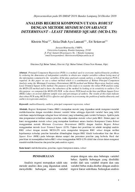 pdf analisis regresi komponen utama robust dengan metode minimum covariance determinant