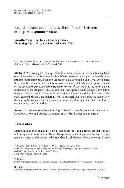 Pdf Bound On Local Unambiguous Discrimination Between Multipartite Quantum States