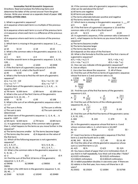 summative test 2 geometric sequence pdf summation mathematical
