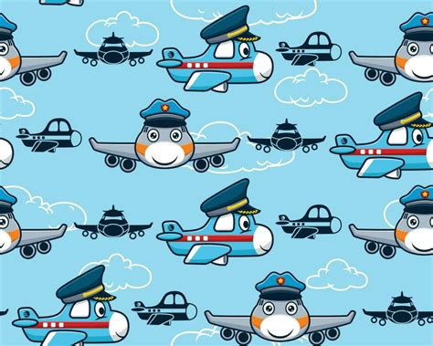 Seamless Pattern Vector Of Cartoon Funny Airplane Wearing Pilot Hat On Clouds Background