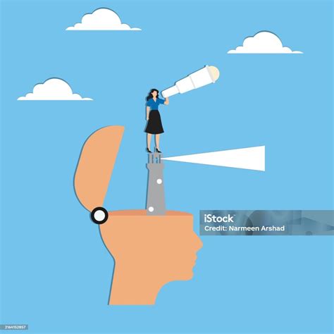 비전 사업 발견 또는 성공 검색 미래 지도를 보는 도전 경력 경로 또는 전략 개념을 찾고 사업가는 망원경을 보고 등대 안내 조명으로 머리를 봅니다 개념에 대한 스톡 벡터