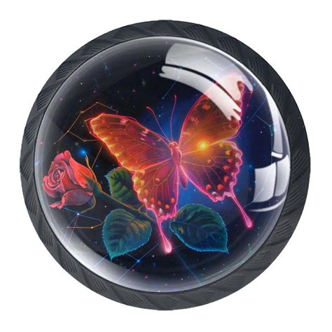 4 Pack Black Drawer Knobs Neon Butterfly Rose Cabinet Knobs Round Glass Knobs For Kitchen