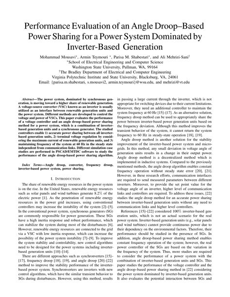 PDF Performance Evaluation Of An Angle Droop Based Power Sharing For A Power System Dominated