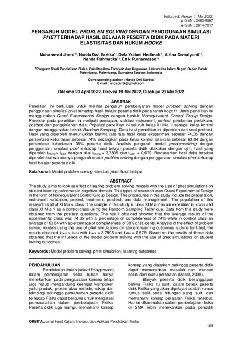 Pdf Pengaruh Model Problem Solving Dengan Penggunaan Simulasi Phet Terhadap Hasil Belajar