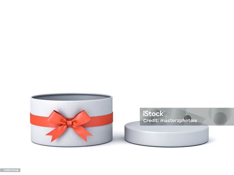 빨간 리본과 활로 열린 최소한의 흰색 원형 선물 상자 또는 빈 실린더 선물 상자 제품 디스플레이 그림자 창조적 인 아이디어 개념 3d 렌더링으로 흰색 배경에 고립 된 모형