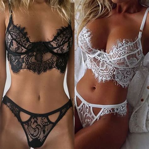 여성용 레이스 속옷 세트 에로틱 레이디 란제리 시스루 브라 끈 팬티 AliExpress