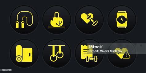 세트 피트니스 매트 롤 에너지 음료 체조 링 스포츠 교육 프로그램 심장이 있는 아령 부러진 무게 심박수 및 점프 로프 아이콘