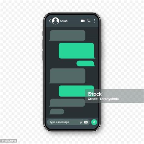 메시징 응용 프로그램과 현실적인 스마트 폰 빈 Sms 텍스트 프레임입니다 녹색 메시지 거품이있는 대화 채팅 화면 소셜 미디어 응용 프로그램 다크 모드 벡터 일러스트 레이 션