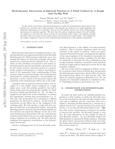 Pdf Hydrodynamic Interactions Of Spherical Particles In A Fluid