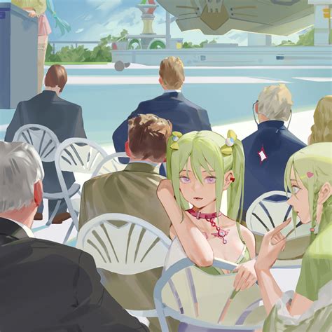 Safebooru 4girls 5boys Aqua Hair Arms Behind Head Blonde Hair Blue