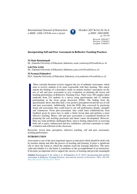 Pdf Incorporating Self And Peer Assessment In Reflective Teaching Practices
