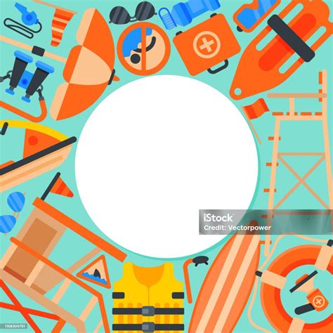 인명 구조 장비 둥근 패턴 벡터 그림입니다 구조 작업자 스테이션 인명 구조 원 훈련 구명 조끼 의자 깃발 휘파람 메가 폰 구조 등의 물품을 수 있습니다 감시에 대한 스톡