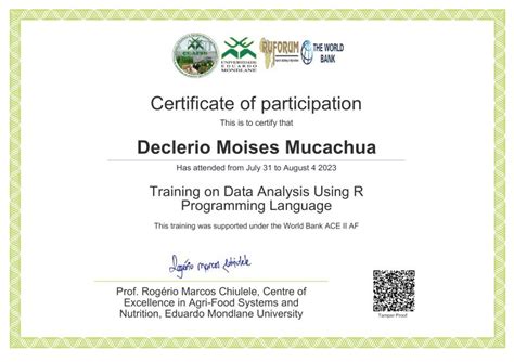 Training On Data Analysis Using R Programming Language Certificate Of Declerio Moises Mucachua