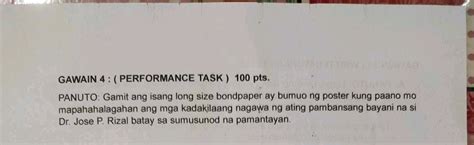 GAWAIN 4 PERFORMANCE TASK 100 Pts PANUTO StudyX