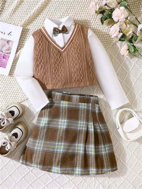 Tween Girl Bow Front 2 In 1 Shirt And Plaid Print Pleated Skirt Shein Usa