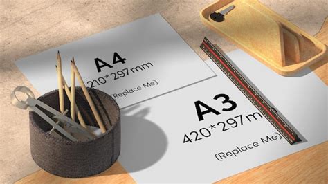 Premium PSD A3 And A4 Sheets On Desk Left Side View With Scale Ruler