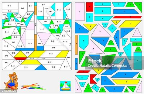 아이들을 위한 논리 퍼즐 게임 예제를 풀고 그림을 찾고 관련 색상으로 이미지를 칠해야 합니다 계산 기술 개발 벡터 이미지입니다 건강한 생활방식에 대한 스톡 벡터 아트 및