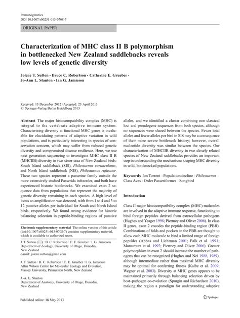 Pdf Characterization Of Mhc Class Ii B Polymorphism In Bottlenecked New Zealand Saddlebacks