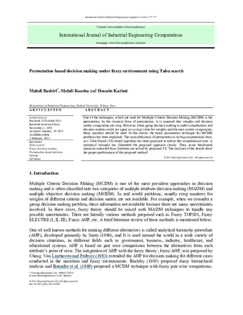 pdf permutation based decision making under fuzzy environment using tabu search