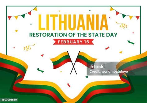 리투아니아 복원 의 그만큼 주 날 벡터 일러스트 레이 션 와 2 월 16 일 와 흔들는 깃발 에서 행복한 독립 휴일 평면 만화 배경 0명에 대한 스톡 벡터 아트 및 기타