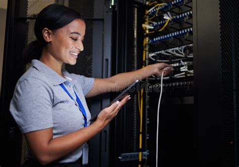 Server Room Tablet And Engineer Woman With Connection Cable For Maintenance Or Software Update
