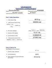 Limiting Reagent Lab Pdf Lab Assignment Experiment Limiting Reagent Emma Brown Name