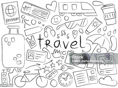 비문 여행과 함께 여행 휴가를 주제로 한 세트의 물건 관광 교통 날씨 품목 스케치 이모티콘에 대한 스톡 벡터 아트 및 기타