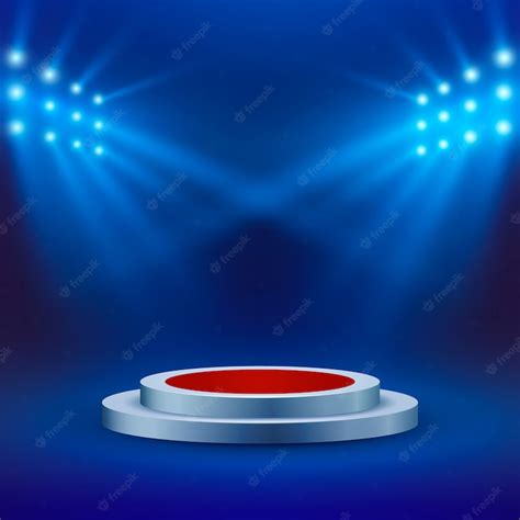 레드 카펫과 파란색 배경에 스포트 라이트와 무대 콘서트 경기장 또는 장면 빈 연단 프리미엄 벡터