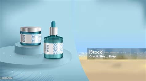 선스크린 크림과 스프레이 광고 해변과 바다에서 화장품 튜브와 현실적인 병 브랜딩 및 패키징 디자인 템플릿 벡터 일러스트레이션 3차원 형태에 대한 스톡 벡터 아트 및 기타