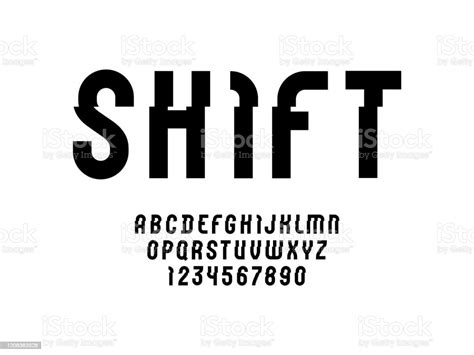 로고 티셔츠 포스터 레터프레스 벡터 일러스트레이션 시프트 글꼴 트렌디 한 왜곡 된 알파벳 현대 검은 글자와 숫자 당신의 디자인에 대한 컴퓨터 글자에 대한 스톡 벡터 아트 및