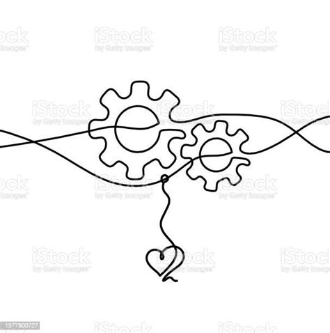 흰색 배경에 라인 그리기로 하트와 추상 둥근 금속 기어 바퀴 개념에 대한 스톡 벡터 아트 및 기타 이미지 개념 개발 격언