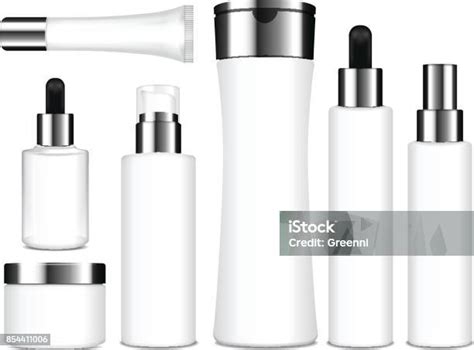 현실적인 화장품 백색 병입니다 벡터 용기 튜브 크림 봉 선화 로션 젤 샴푸 기초 크림에 대 한 Sashet 3 차원 일러스트 레이 션 건강관리와 의술에 대한 스톡 벡터 아트